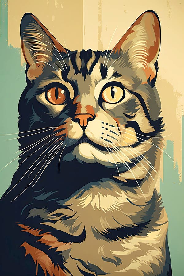 Retro Style Poster of a Tabby Cat. Vintage Style in 1970s Tones Stock ...