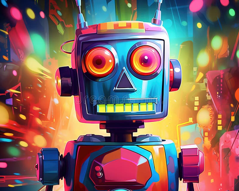 Retro Style Robot Was Created Using Digital Pnting. Stock Illustration ...