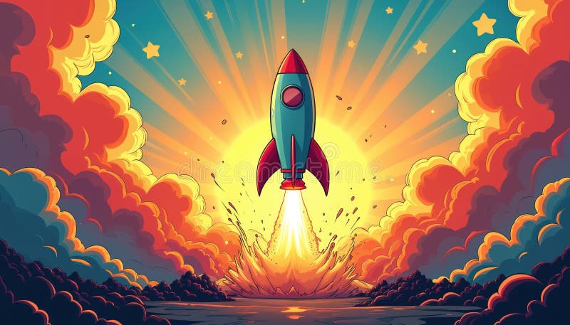 Retro Style Rocket Launch Illustration. Explosive Clouds Backdrop, Sun Rays. Space Exploration ...