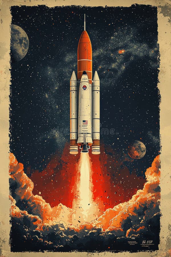 Retro Style Rocket Launch Illustration Planets Space Background Stock ...