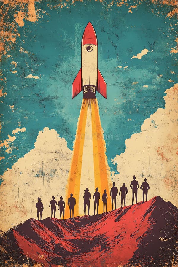 A Retro-style Rocket Launch Scene with Silhouettes Against a Colorful ...