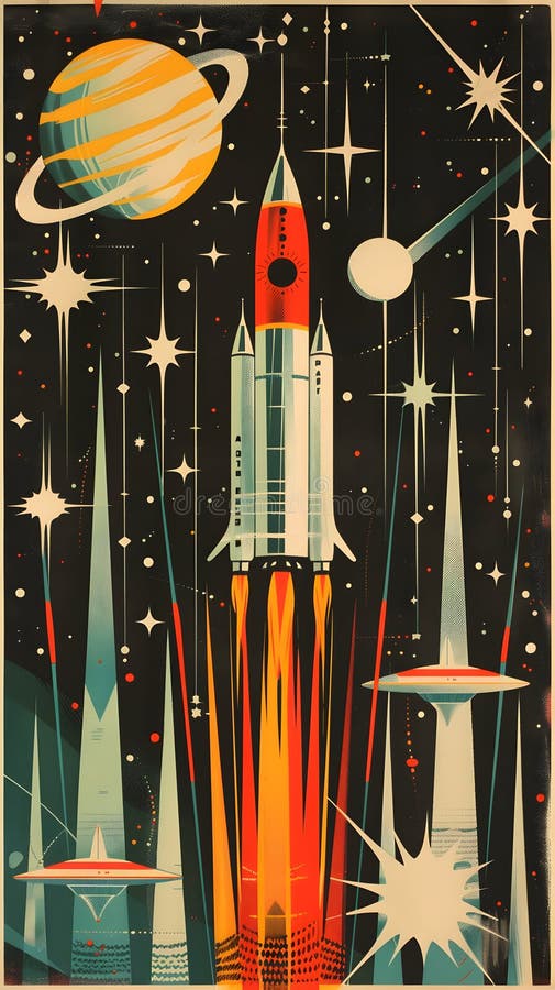 A Retro-style Rocket Launches into Space Surrounded by Planets and ...
