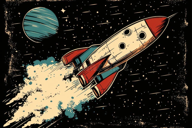 Retro Style Rocket Ship Soaring Space Planet Backdrop Stock Photos ...