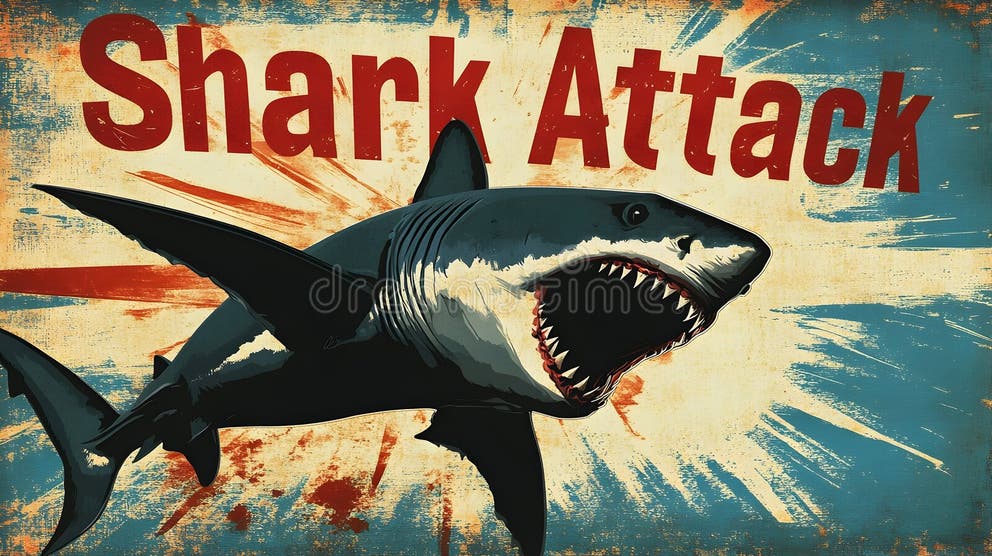 Retro Style Shark Attack Graphic Featuring Open Mouth, Sharp Teeth, and ...