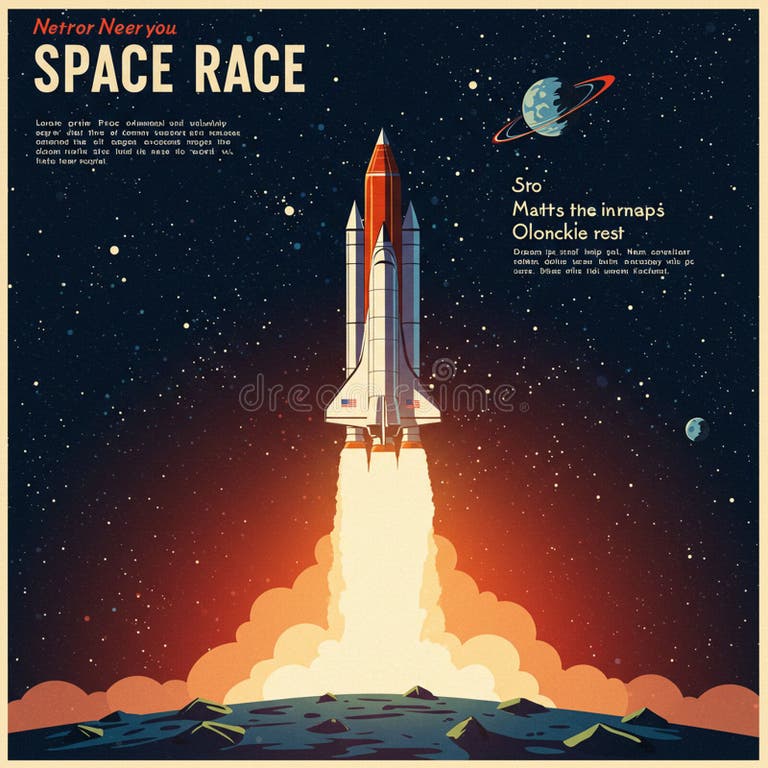 Retro-style Space-themed Artwork Featuring a Rocket Launching into Space Against a Stock ...