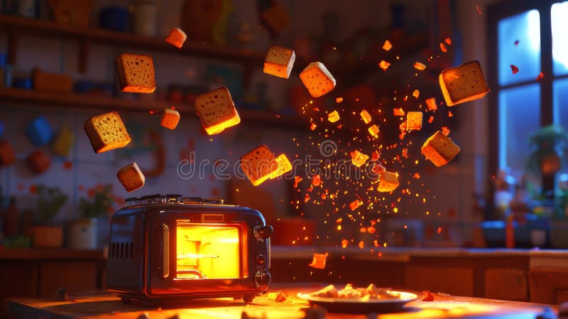 Golden Toasted Bread Exploding from Retro Toaster in Kitchen Setting AI ...
