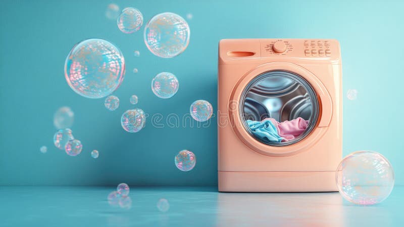 Retro-style Washing Machine with Bubbles and Laundry on Blue Background Stock Image - Image of ...