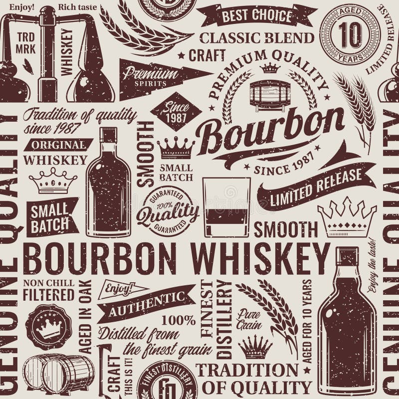 Retro Styled Typographic Bourbon Whiskey Seamless Pattern or Background ...