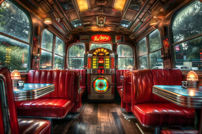Retro Styled Diner Interior with Vintage Jukebox and Red Booths Stock ...