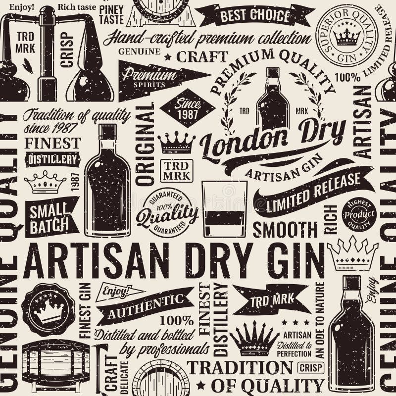 Retro Styled Gin Seamless Pattern or Background Stock Vector - Illustration of botanicals ...