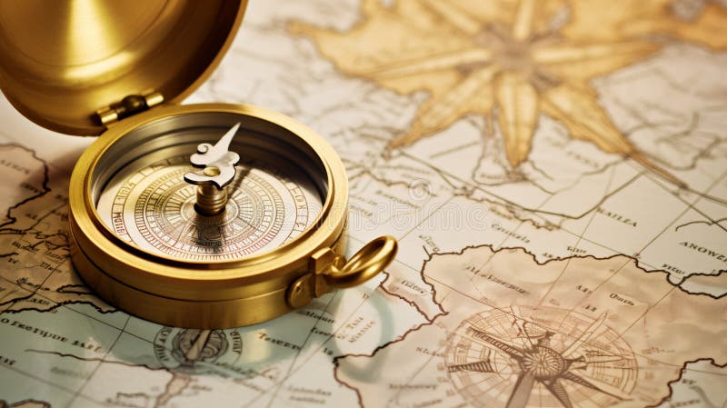Retro Styled Golden Compass and Old White Nautical Chart. AI Generative ...