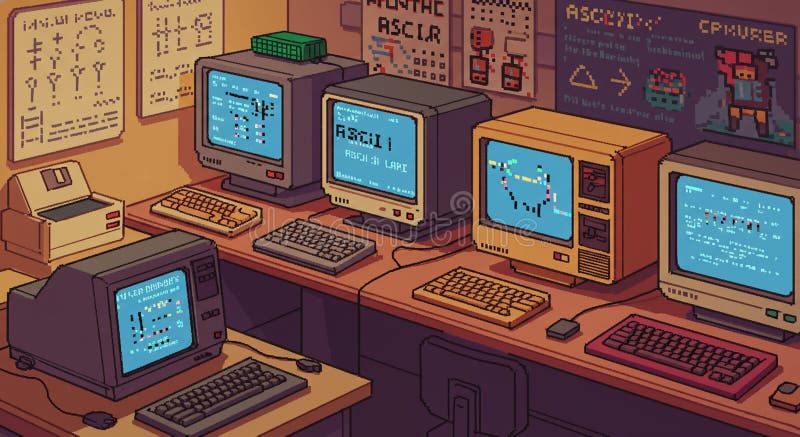 A Retro-styled Image of a Computer Lab Setup with Four Vintage CRT Monitors Stock Illustration ...