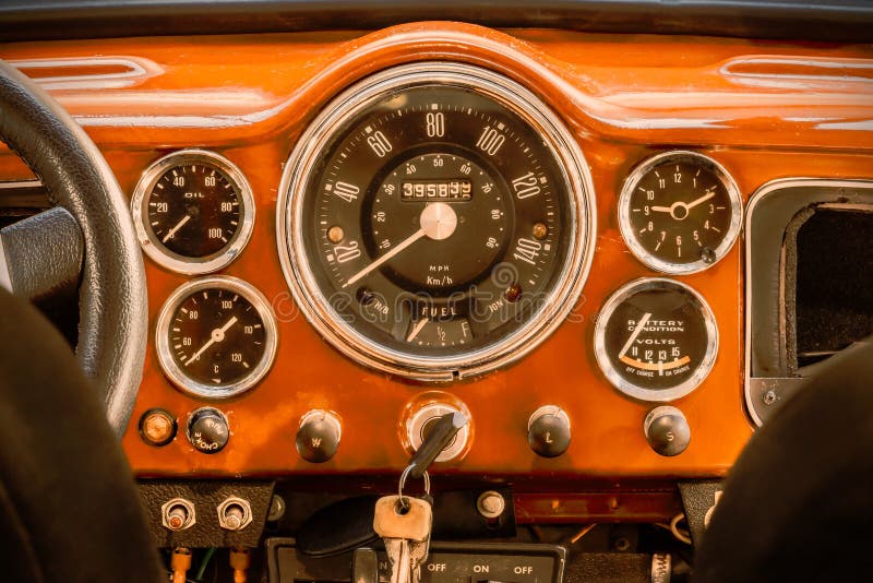 Dashboard with Large Speedometer of a British Vintage Car Stock Photo ...