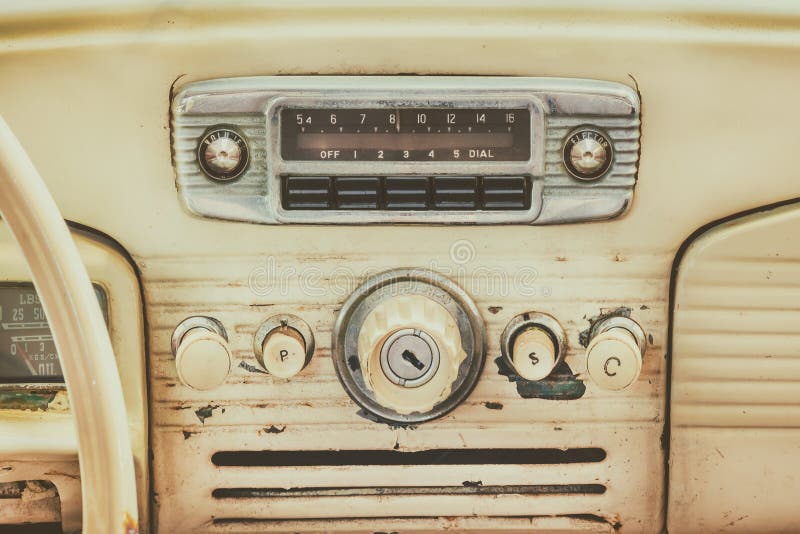 Old Car Radio Inside a Classic American Car with Chrome Dashboard Stock ...