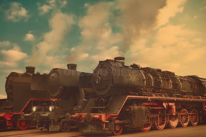 Retro Styled Image of Three Old Steam Locomotives with Steam Stock ...