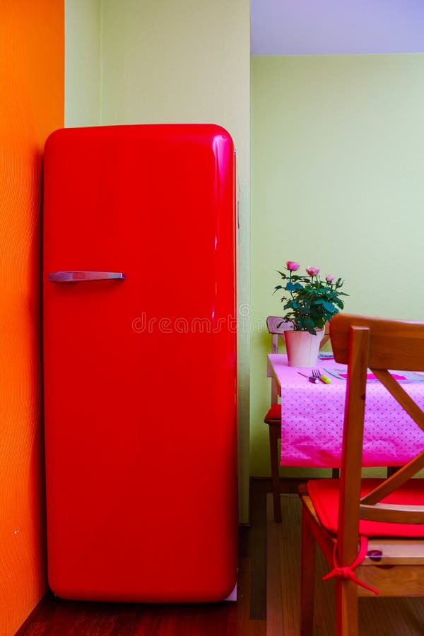 Retro-styled Red Refrigerator in the Kitchen Room Stock Image - Image ...