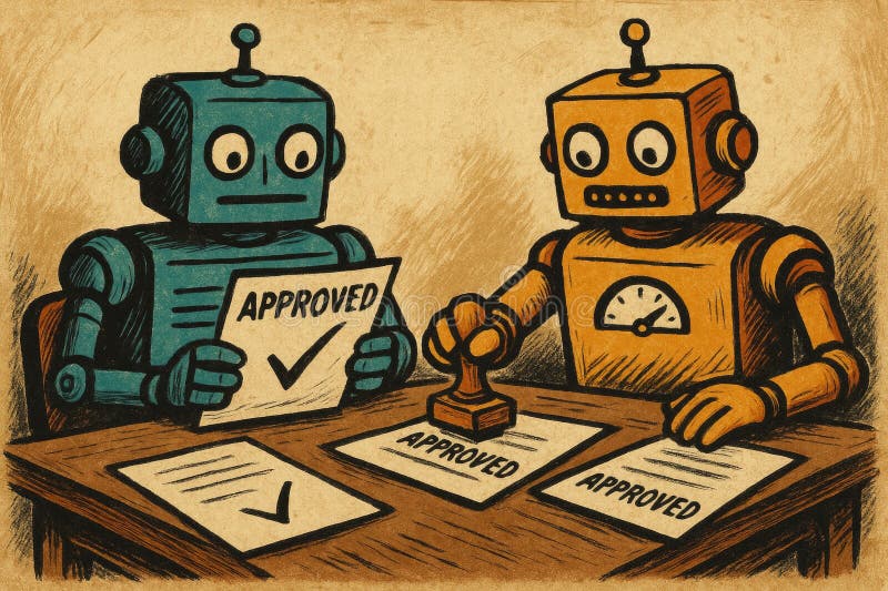 Two Robots Reviewing and Approving Documents Stock Illustration ...