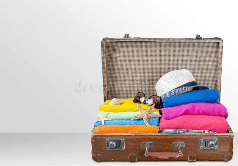 Retro Suitcase with Travel Objects on Beach Stock Photo - Image of ...