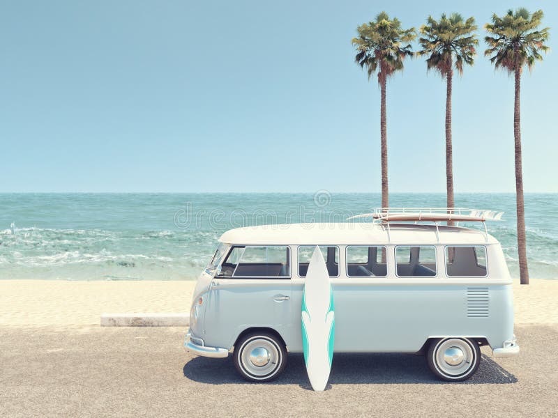 Retro Summer at the Beach. 3d Rendering Stock Illustration ...