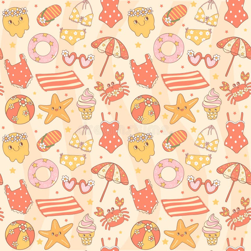Retro Summer Beach Vibe Seamless Pattern Playful Groovy and Colorful ...