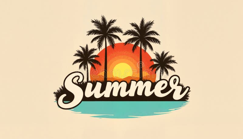Retro Summer Logo with Sunset and Palm Trees, Nostalgic Vibes Stock ...