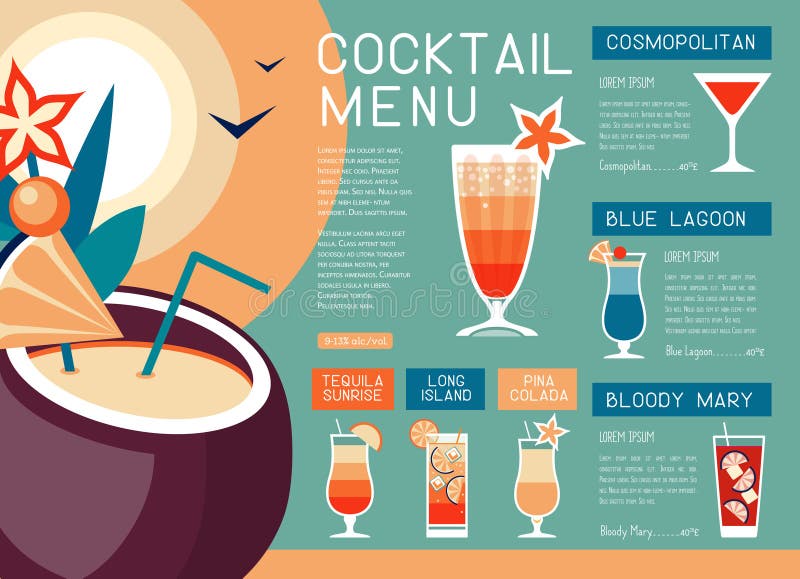 Retro Summer Restaurant Menu Design with Cocktails Stock Vector ...