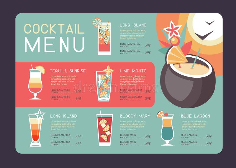 Retro Summer Restaurant Menu Design with Cocktails Stock Vector ...