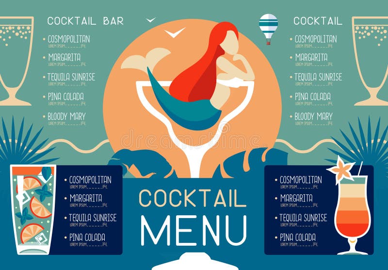 Retro Summer Restaurant Menu Design with Cocktails and Mermaid. Stock ...