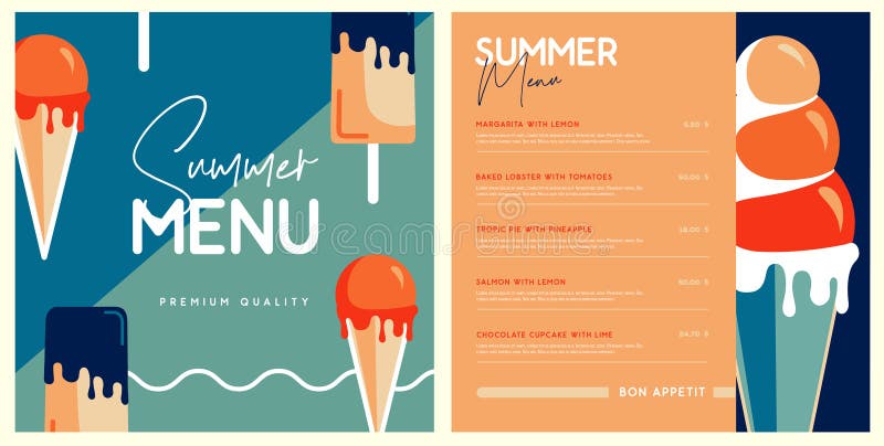 Retro Summer Restaurant Menu Design with Ice Cream. Stock Vector ...