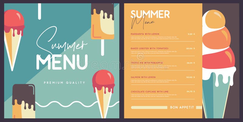 Retro Summer Restaurant Menu Design with Ice Cream. Stock Vector ...