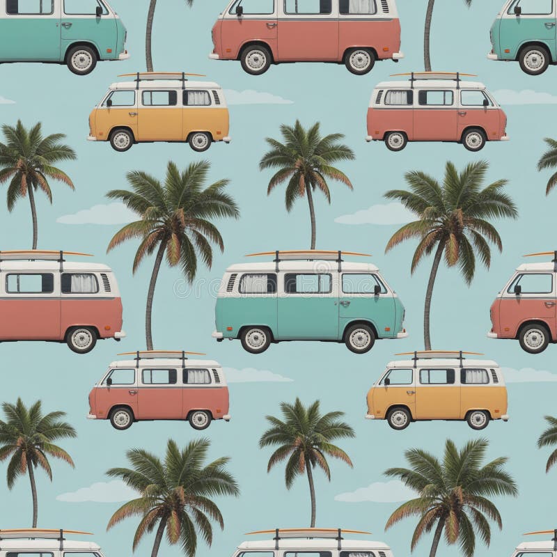 Retro Summer Van with Surfboard and Palm Trees Repeat Pattern Design ...