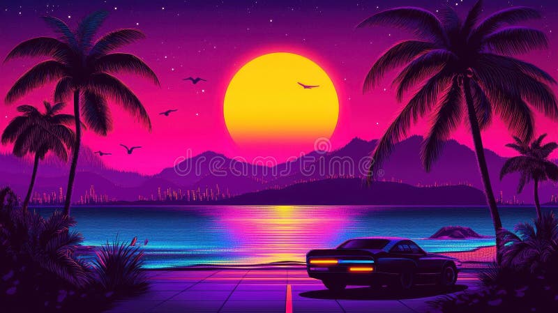 Retro Sunset Beach Scene with Classic Car Stock Image - Image of ...