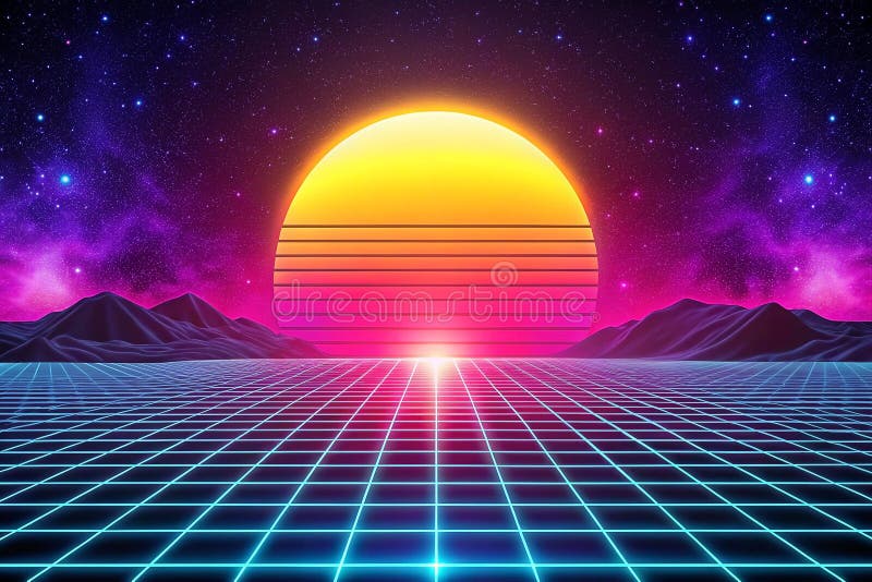 Retro Sunset Grid Landscape, Night Sky Stock Illustration ...
