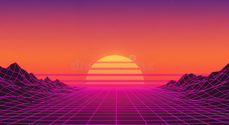 Retro Sunset Landscape with Grid and Mountain Silhouette Stock Photo ...