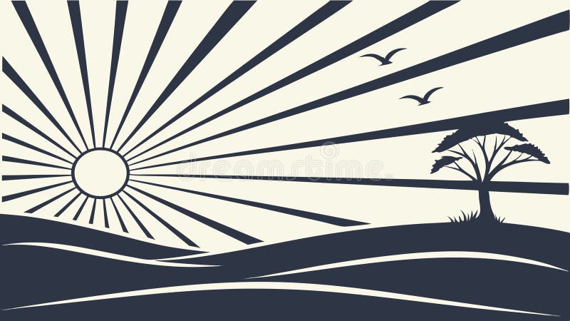 Retro Sunset Landscape, Horizon with Radiating Rays, Vector Design ...