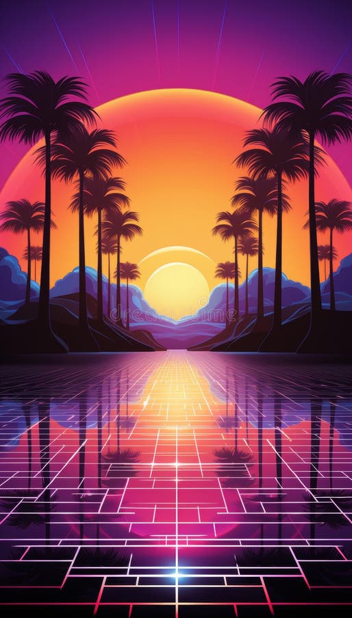 Retro Sunset Landscape with Palm Trees, Reflection, and Neon Grid ...