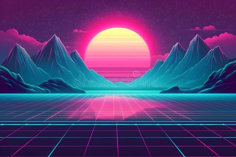 Retro Sunset Mountainscapes, Synthwave Reflections, Digital Art Stock ...
