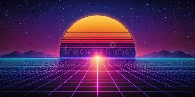Retro Sunset Over Gridded Horizon a Vibrant 80s-inspired Digital ...