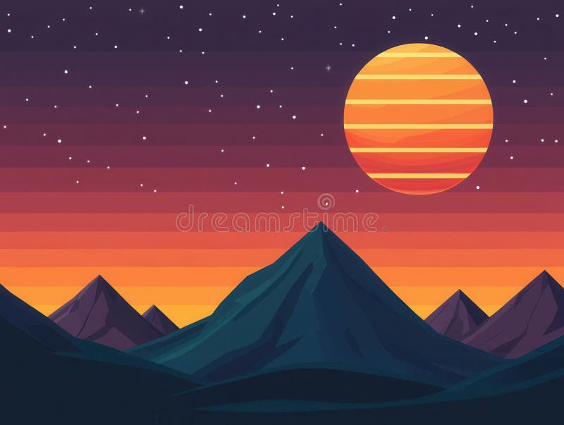 Retro Sunset Over Mountains with a Starry Night Sky Stock Illustration ...