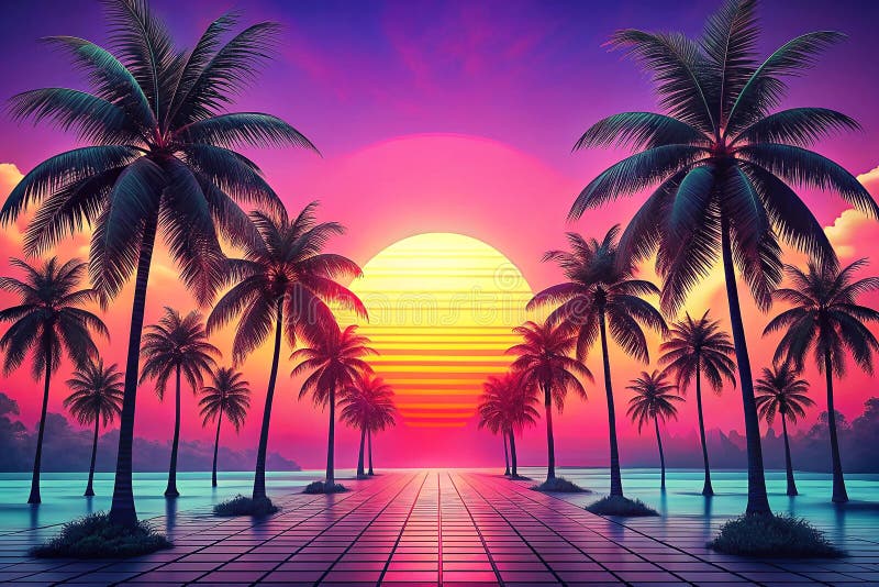 Retro Sunset Palm Pathway Tropical Scene Stock Illustration ...