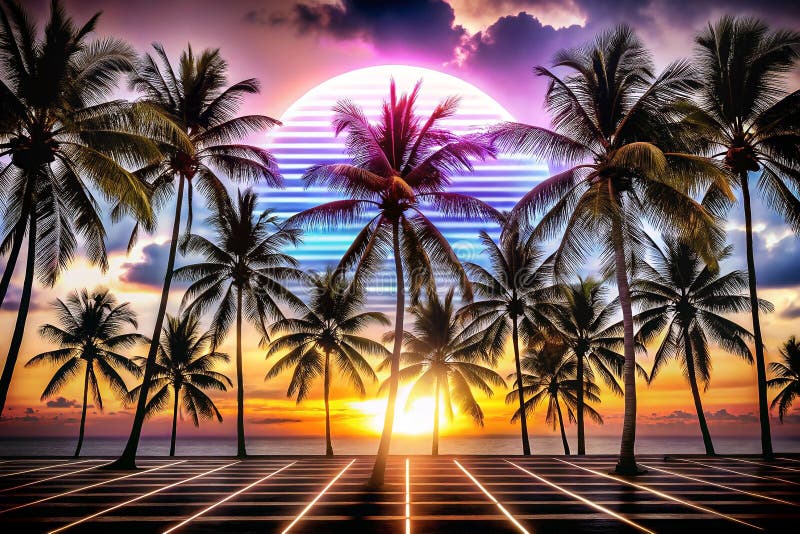 Retro Sunset Palm Trees Beach Scene Stock Illustration - Illustration ...