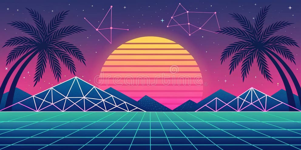 Retro Sunset Palm Trees Grid Landscape, Synthwave, 80s Synthwave, Retro ...