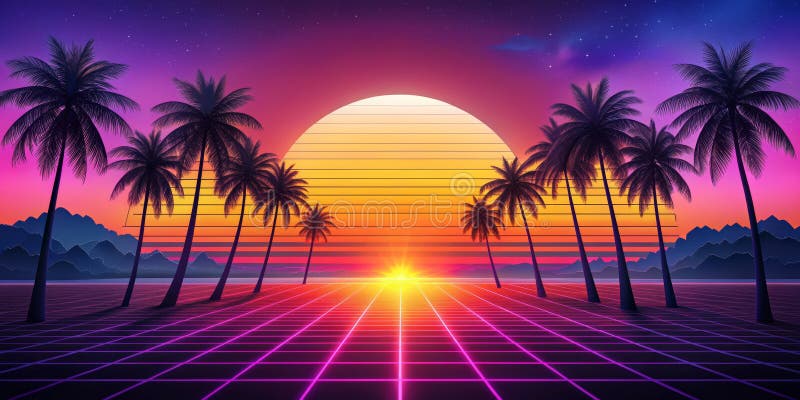 Retro Sunset Palm Trees with Neon Grid, 80s , Synthwave , Retro Future ...