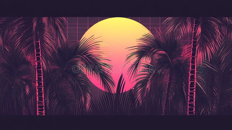 Retro Synthwave Palm Trees Sunset Beach Summer Tropical Landscape ...