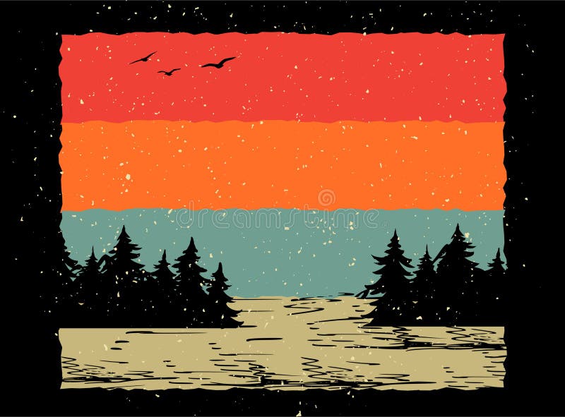 Retro Sunset . 70s Style Grunge Striped Sunset Forest Landscape Retro ...