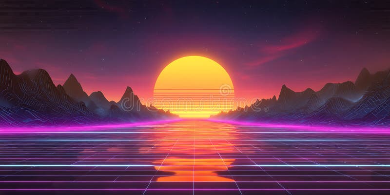 Retro Sunset Vibrant 80s Synthwave Landscape Stock Illustration - Illustration of shadow, retro ...