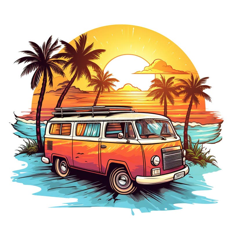 Retro Surf Van Carrying Surfboards at the Beach Palm Trees Sunset ...