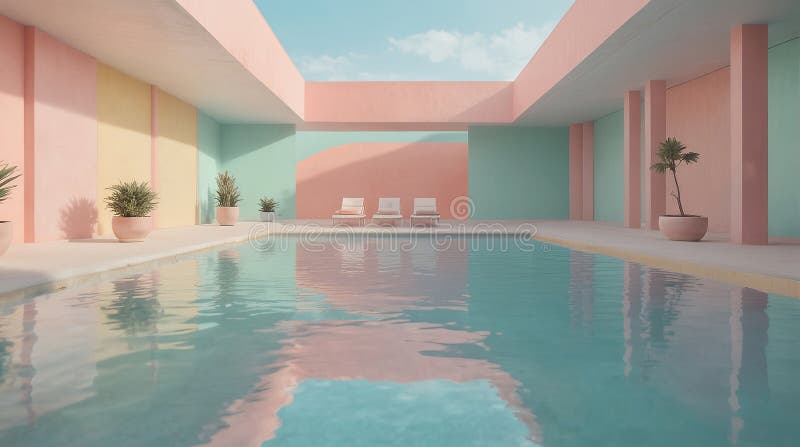 Retro Swimming Pool in Pastel Colors Stock Illustration - Illustration ...