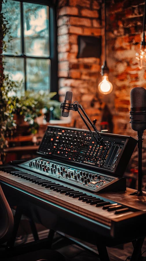 Retro Synthesizer in a Cozy Rustic Music Studio Setting Stock Photo ...