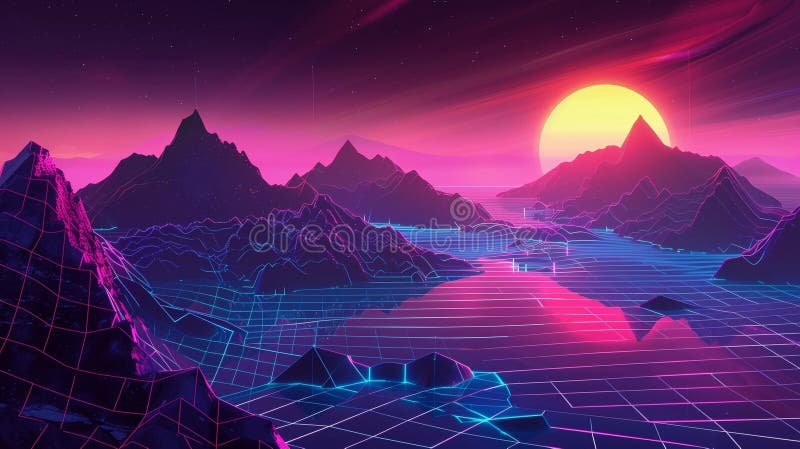 A Retro Synthwave Background with Neon Grid Lines and Geometric Shapes ...